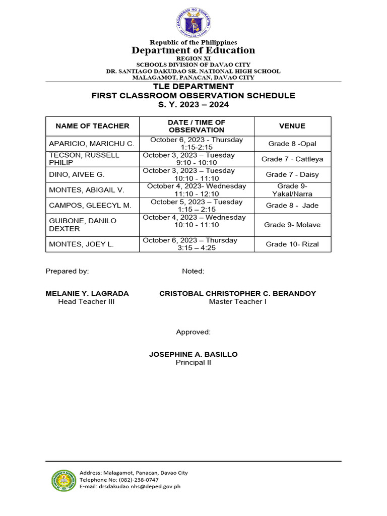 1 2023 Tle Classroom Observation Schedule Pdf