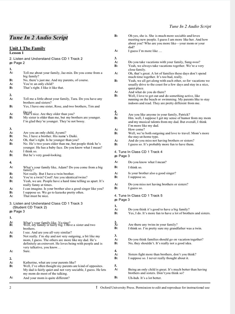 Tune In 2 Audio Script: Family Lessons | PDF