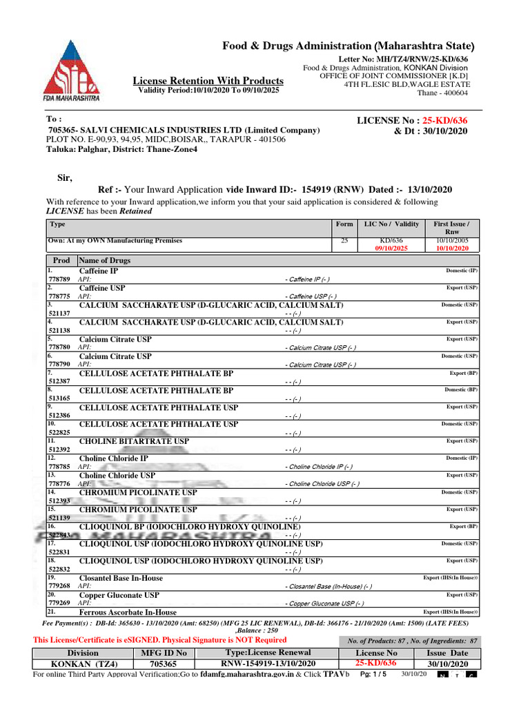 Form-25 Renewal dt.30.10.20 ( FDA Licence | PDF | Chemical Compounds ...