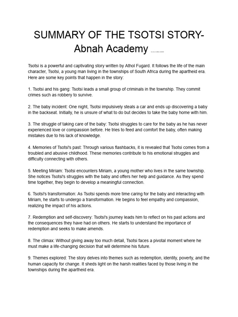 SUMMARY OF THE TSOTSI STORY - Abnah Academy | PDF