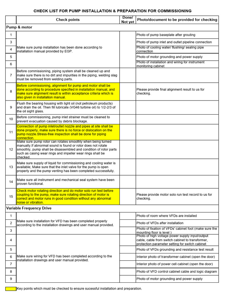 Pump Installation and Commisioning Check List | PDF | Pump | Electric Motor