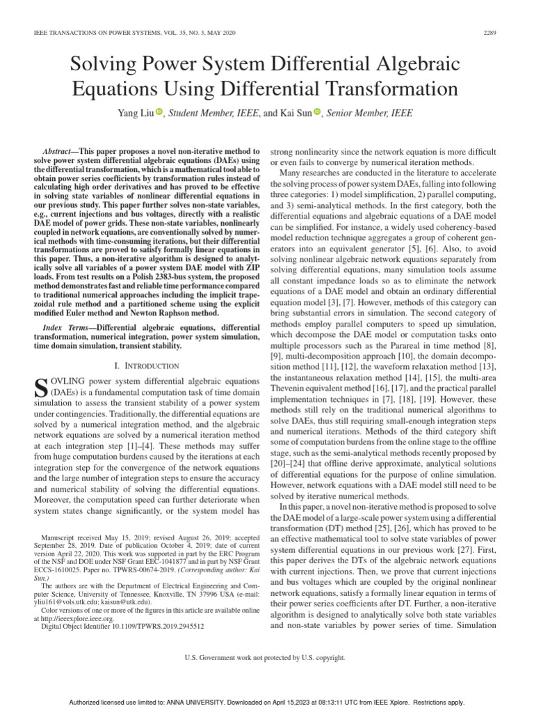 Solving Power System Differential Algebraic Equations Using ... Solving Power System Differential Algebraic Equations Using ...