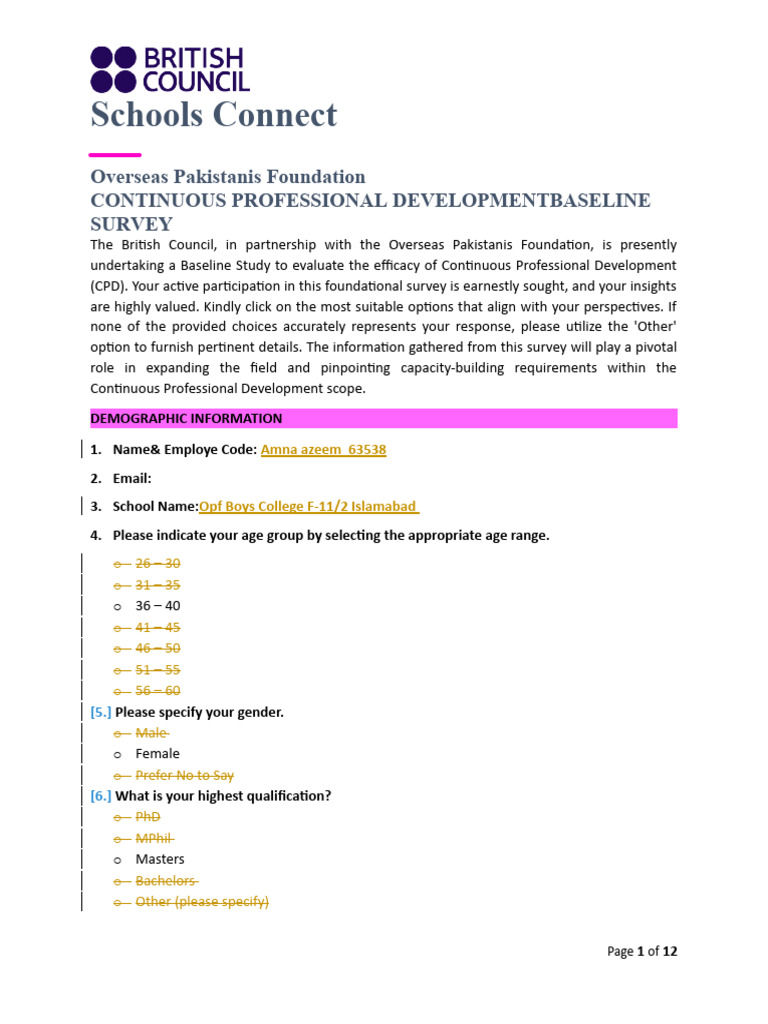 CPD-OPF Baseline Questionnaire | PDF | Teachers | Leadership