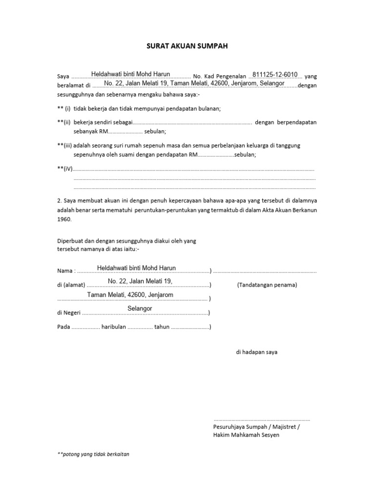 Surat Akuan Bersumpah TIdak Bekerja | PDF