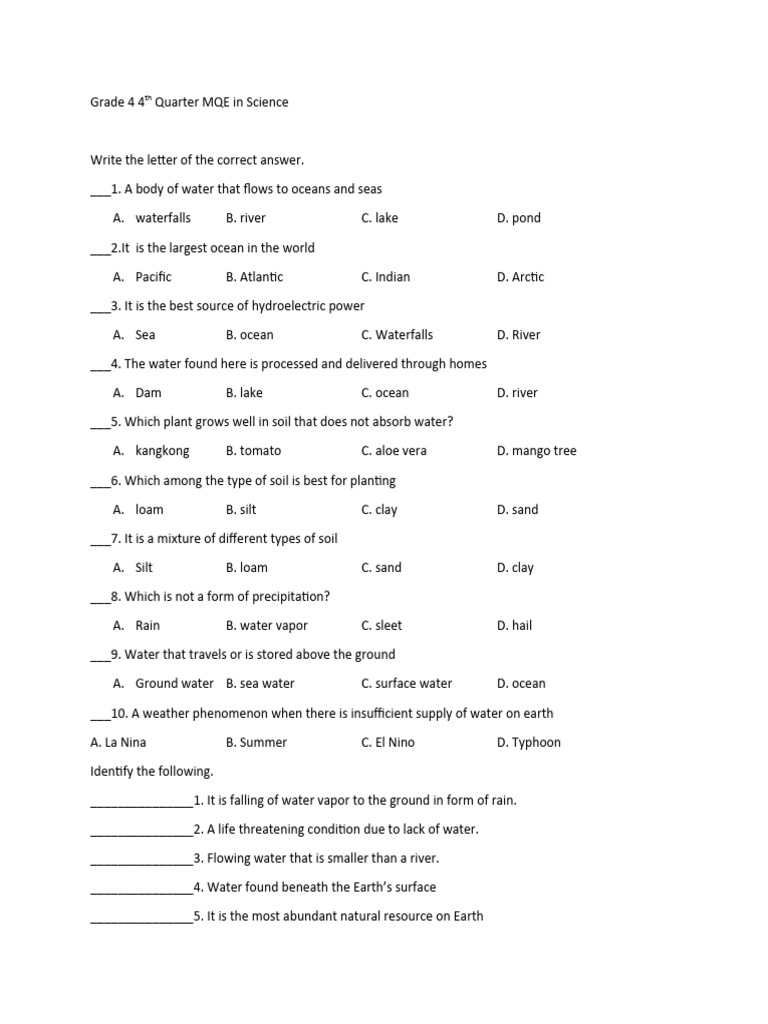 Grade 4 4th Quarter MQE in Science | PDF | Water | Soil