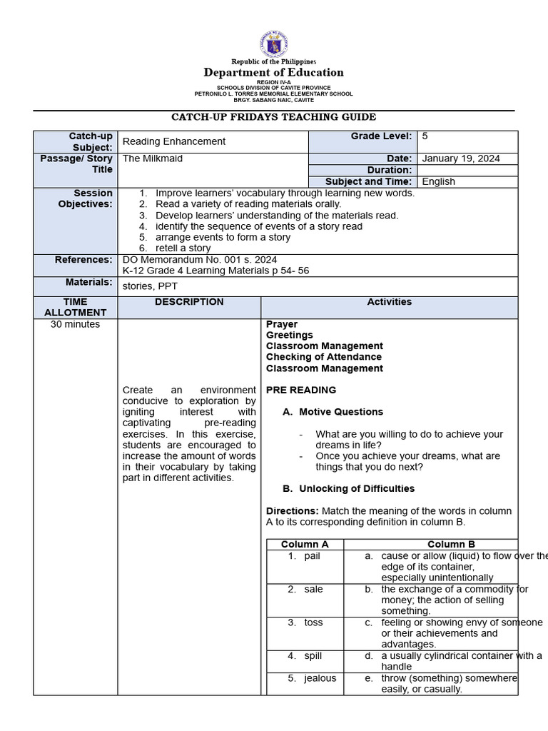 Catchup Plan Reading DLP Jan 19 2024 | PDF | Learning | Behavior Modification