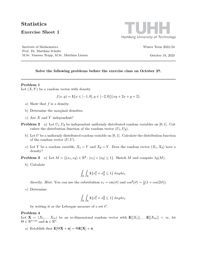 Exercise Sheet 1 For Statistics Lecture | PDF | Mathematics | Randomness