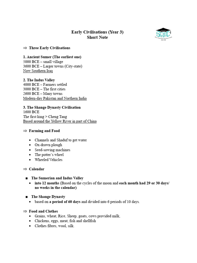 Early Civilisations - Year 3 - Short Note | PDF | Sumer