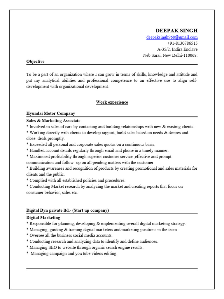 CV - Deepak Singh | PDF | Marketing | Sales