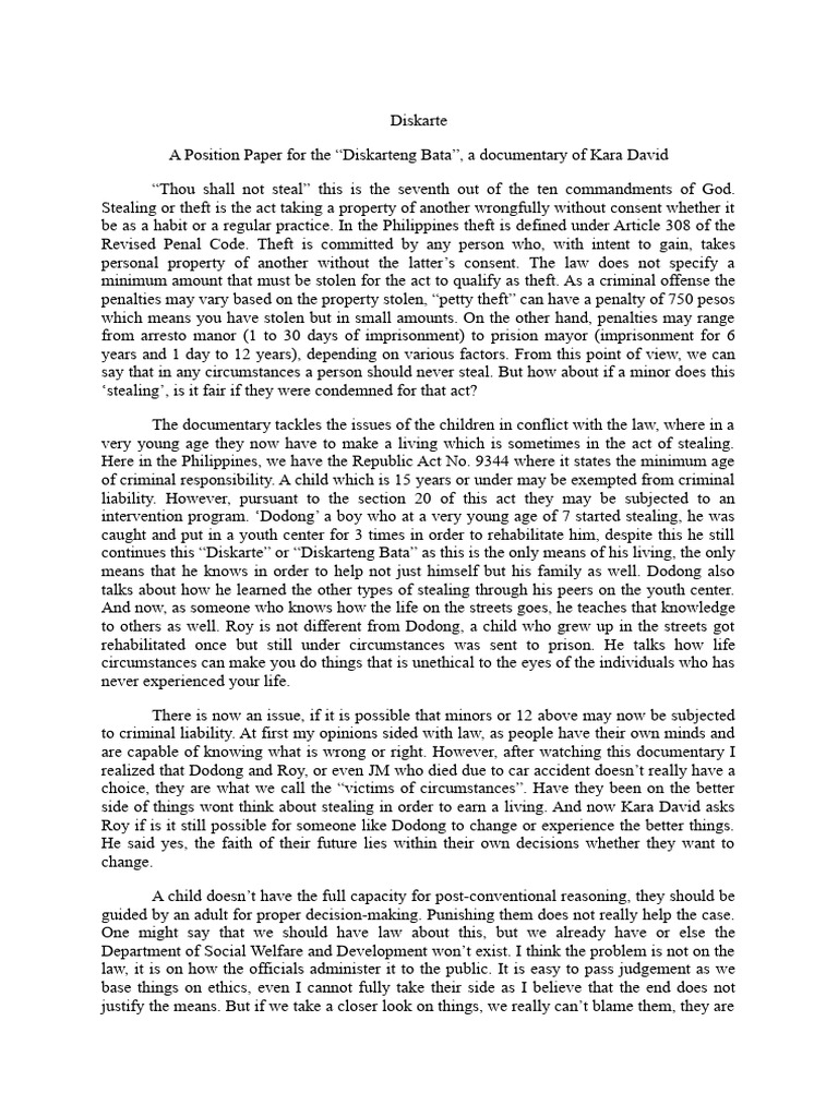 Diskarteng Bata Position Paper | PDF | Theft | Crimes