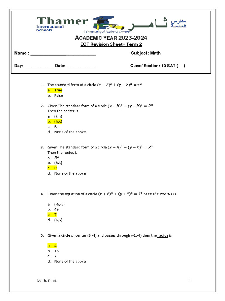 Revision Sheet EOT2 10SAT | PDF | Quadratic Equation | Mathematical Objects