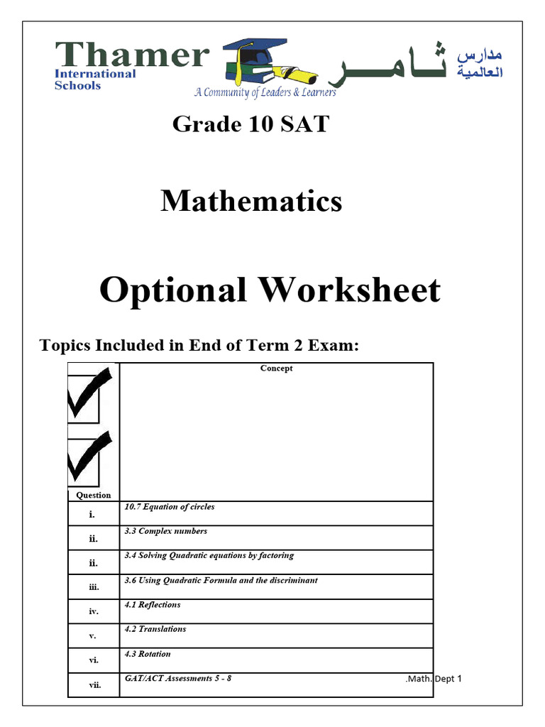 Optional Worksheet EOT2 QP GR 10SAT 2023-2024 | PDF | Circle | Equations