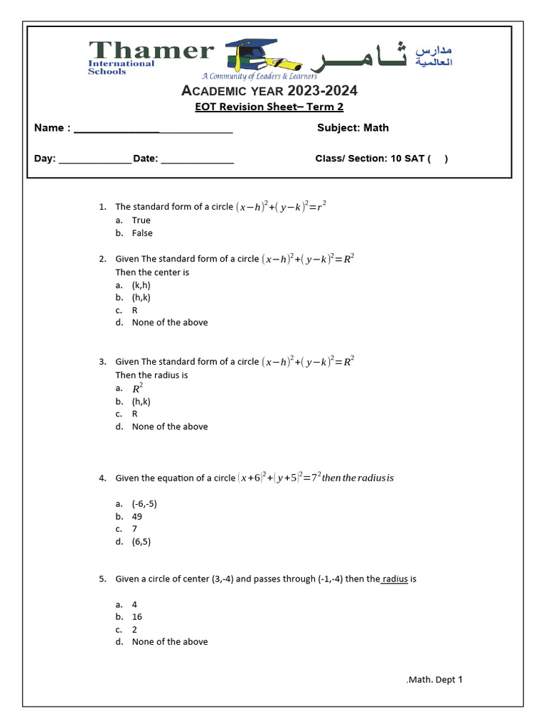 Revision sheet EOT2-QP- 10SAT | PDF | Quadratic Equation | Mathematics