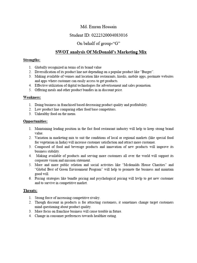 McDonalds SWOT Analysis and 3ps. | PDF | Mc Donald's | Pricing
