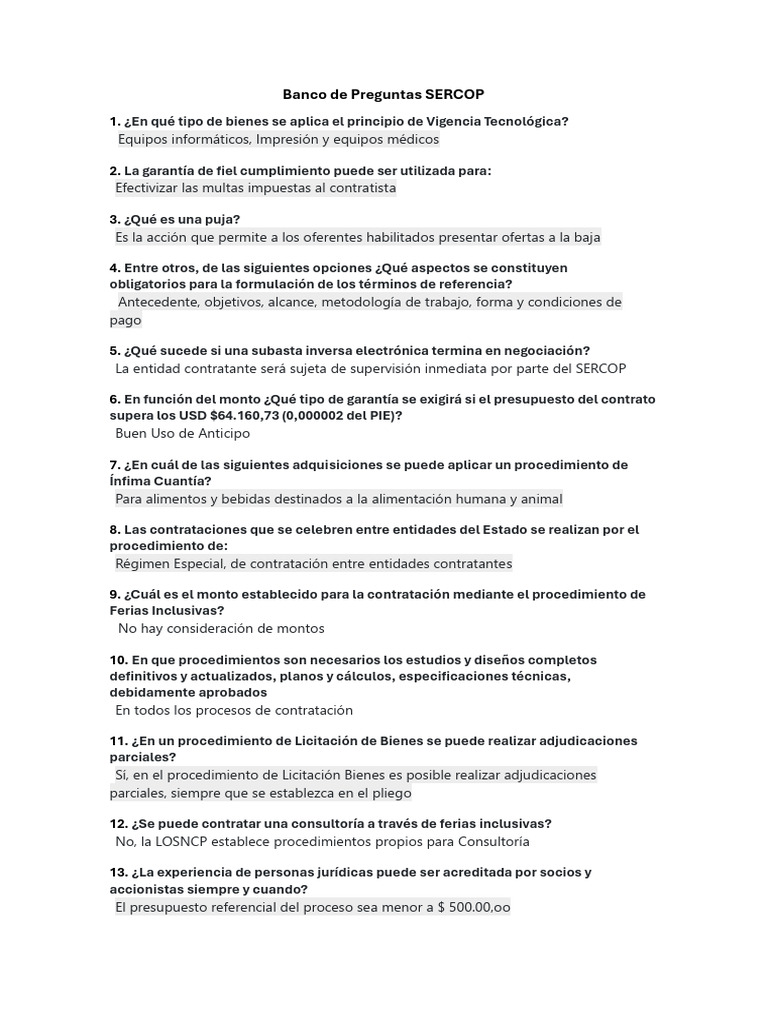 Banco de Preguntas SERCOP | PDF | Subasta | Presupuesto