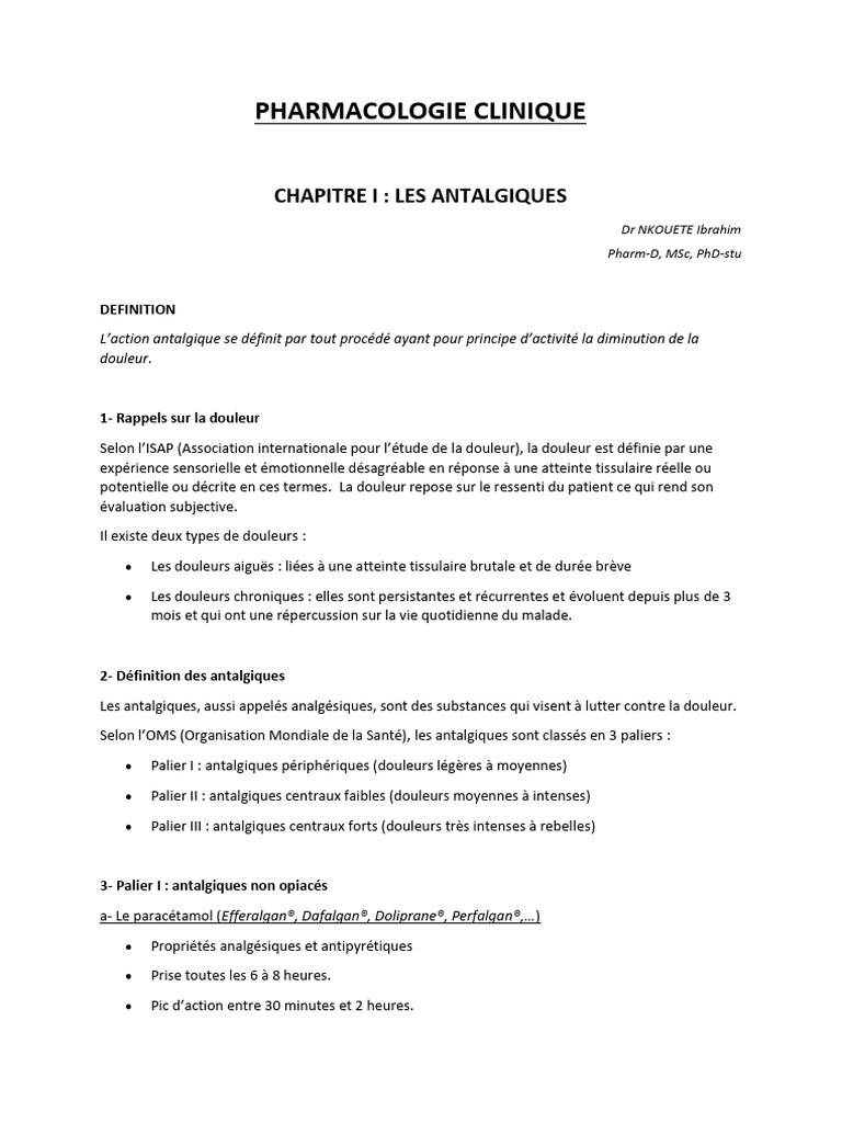 PHARMACOLOGIE CLINIQUE Les Antalgiques | PDF | Antalgique | Morphine