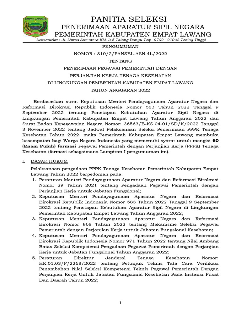 Pengumuman Penerimaan PPPK Jabatan Fungsional Tenaga Kesehatan | PDF