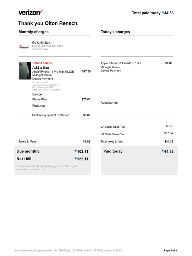 Your Verizon Receipt | PDF | Receipt | Fee