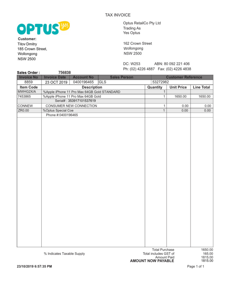 Optus Australia Iphone | PDF | Invoice | I Phone