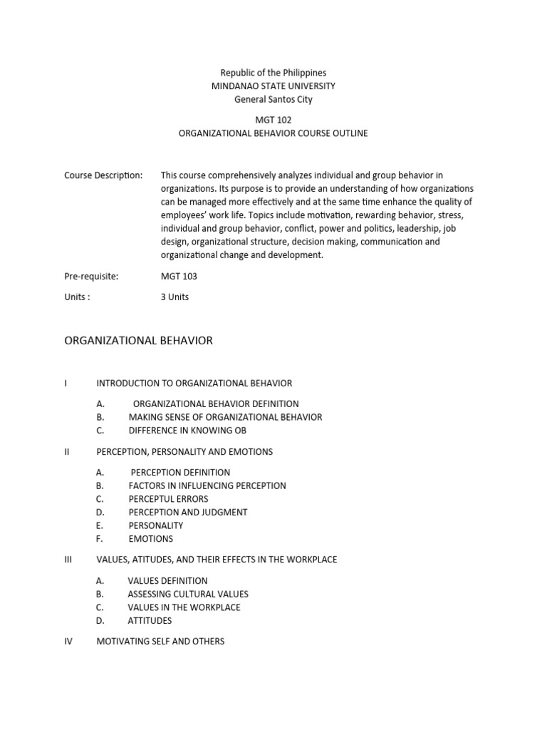 Organizational Behavior Course Outline Final | PDF | Organizational ... Organizational Behavior Course Outline Final | PDF | Organizational ...