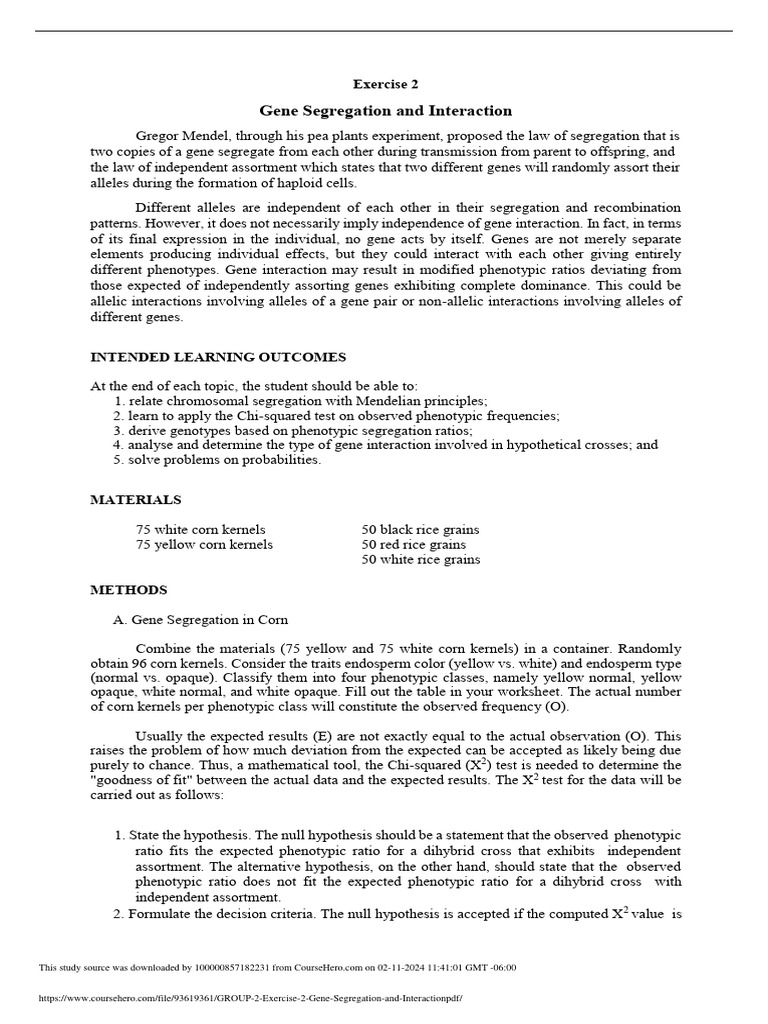 GROUP 2 Exercise 2 Gene Segregation and Interaction PDF | PDF ...