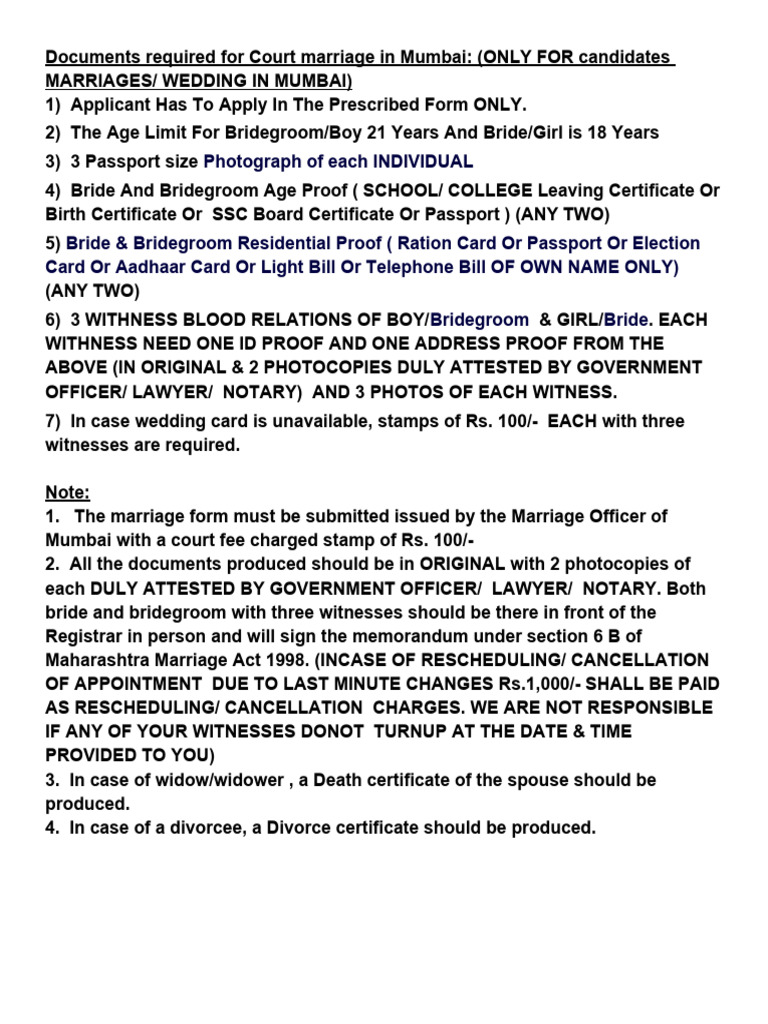 Court Marriage Requirements in Mumbai | PDF