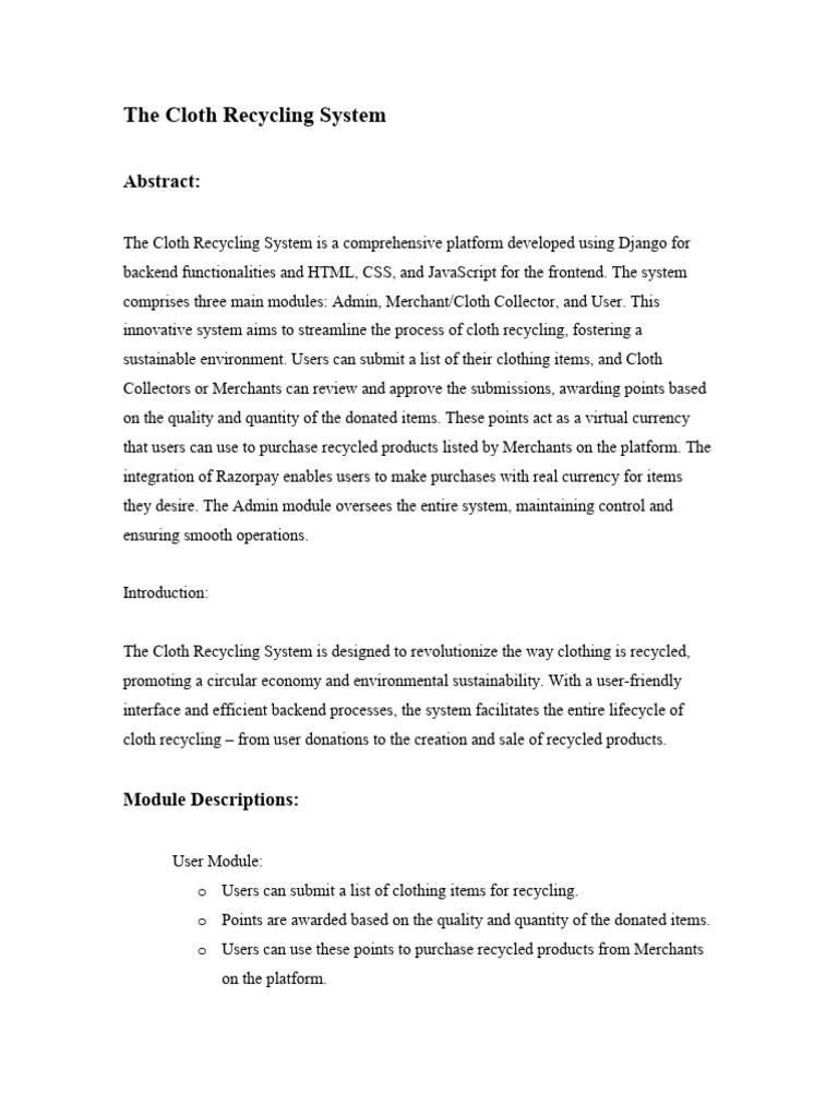 Cloth Recycling System Overview | PDF | Recycling | Software Engineering