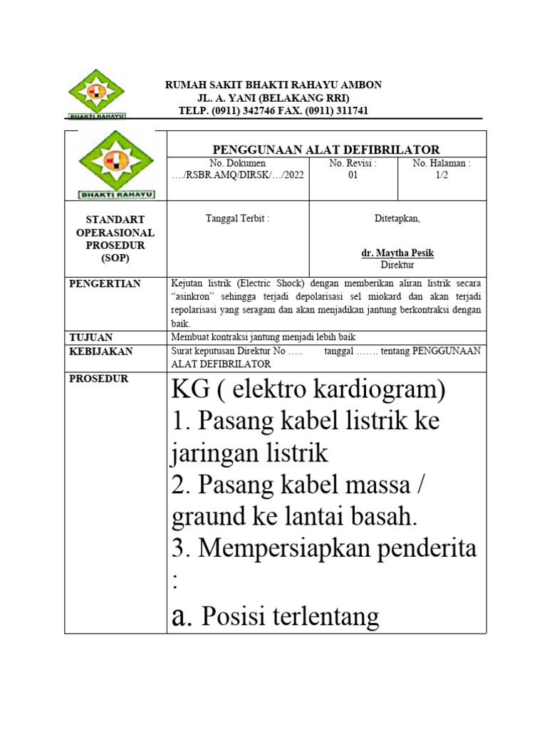Sop Defibrilator | PDF | Kesehatan Holistik | Sains & Matematika