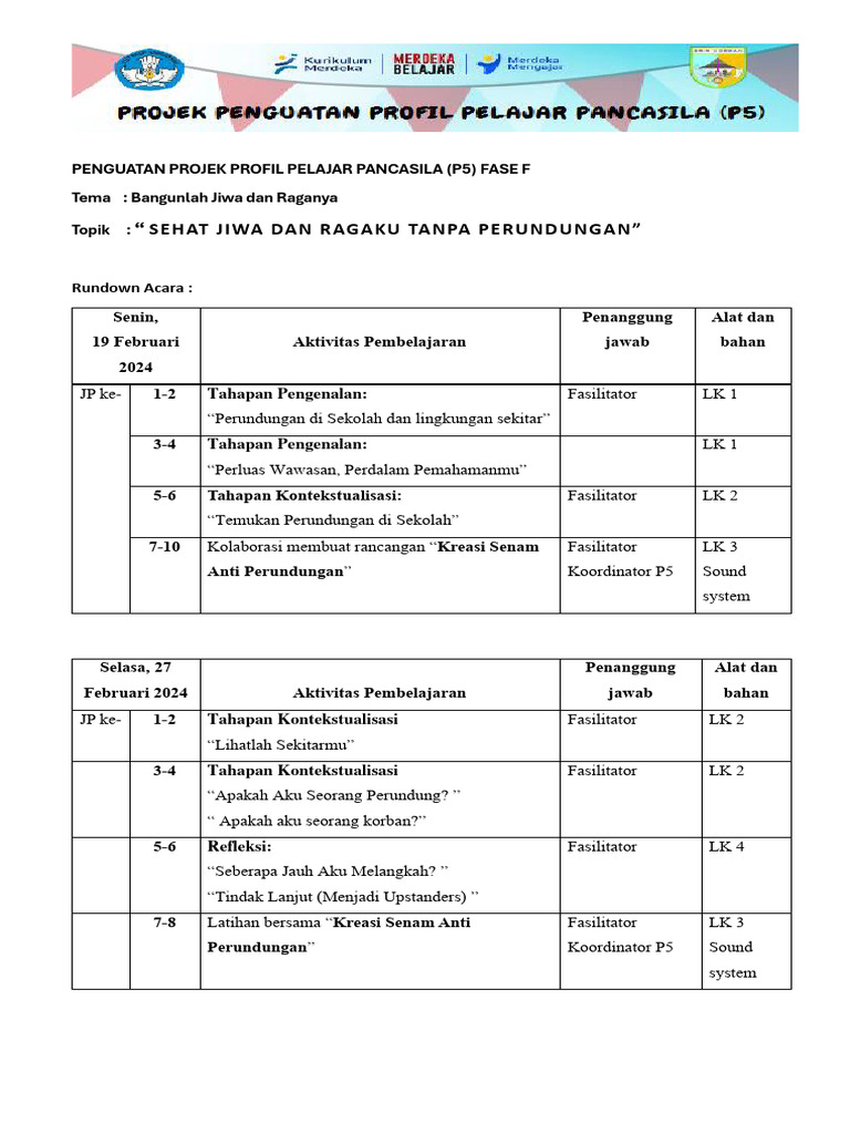 Rundown Acara P5 Fase F Bangun Jiwa Raga | PDF | Sains & Matematika