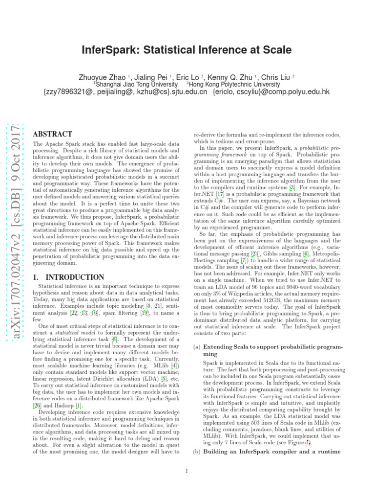 Zhao Et Al, 2017, InferSpark - Statistical Inference at Scale ... Zhao Et Al, 2017, InferSpark - Statistical Inference at Scale ...