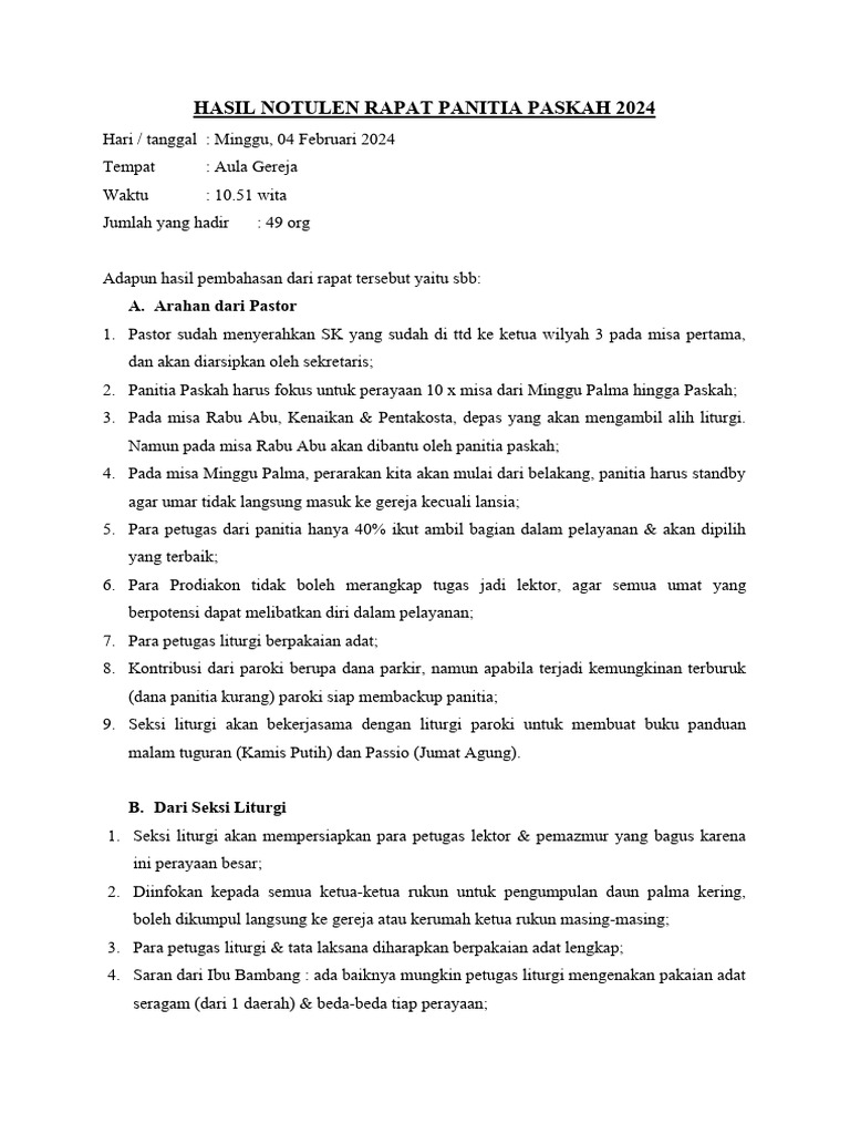 Hasil Notulen Rapat Panitia Paskah 2024 | PDF