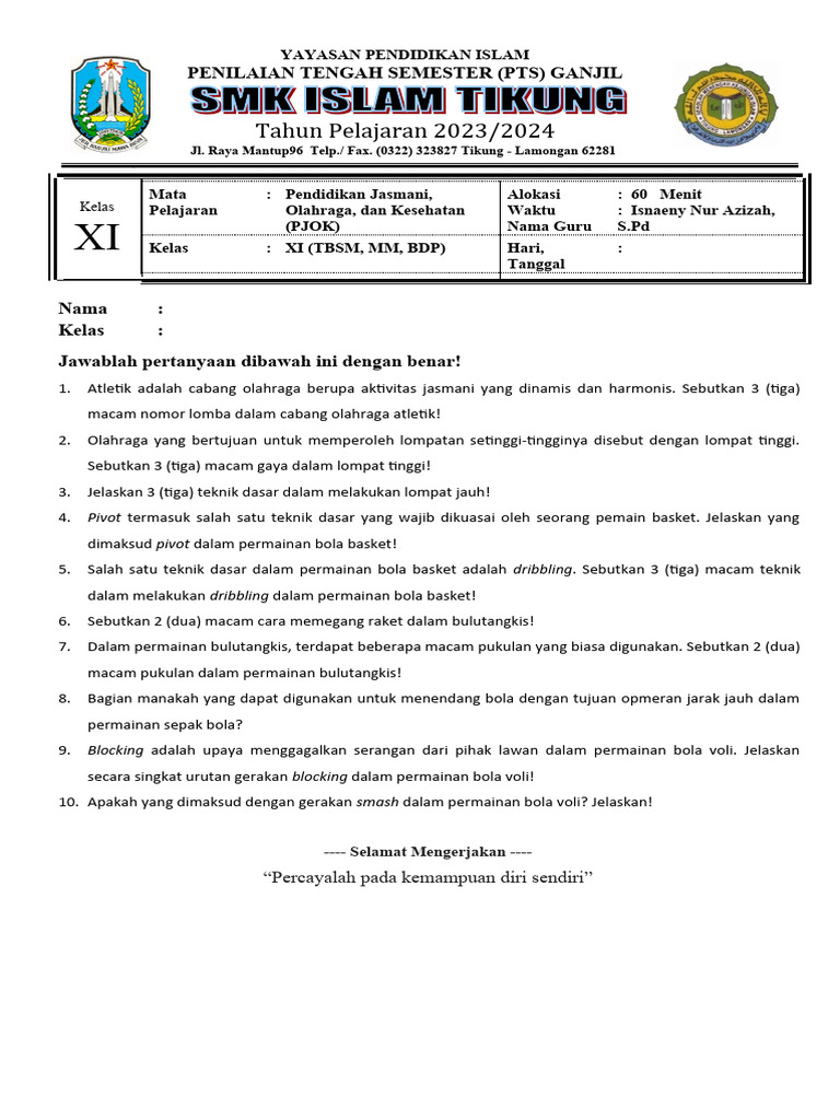 SOAL PTS PJOK Kelas XI Semester Ganjil 2023 (TBSM, MM, BDP) - Neny | PDF