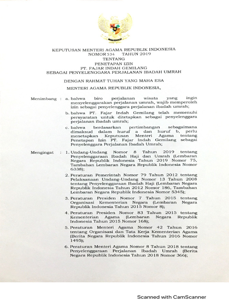 Kepmenag Penetapan Izin Umrah PT FIG | PDF