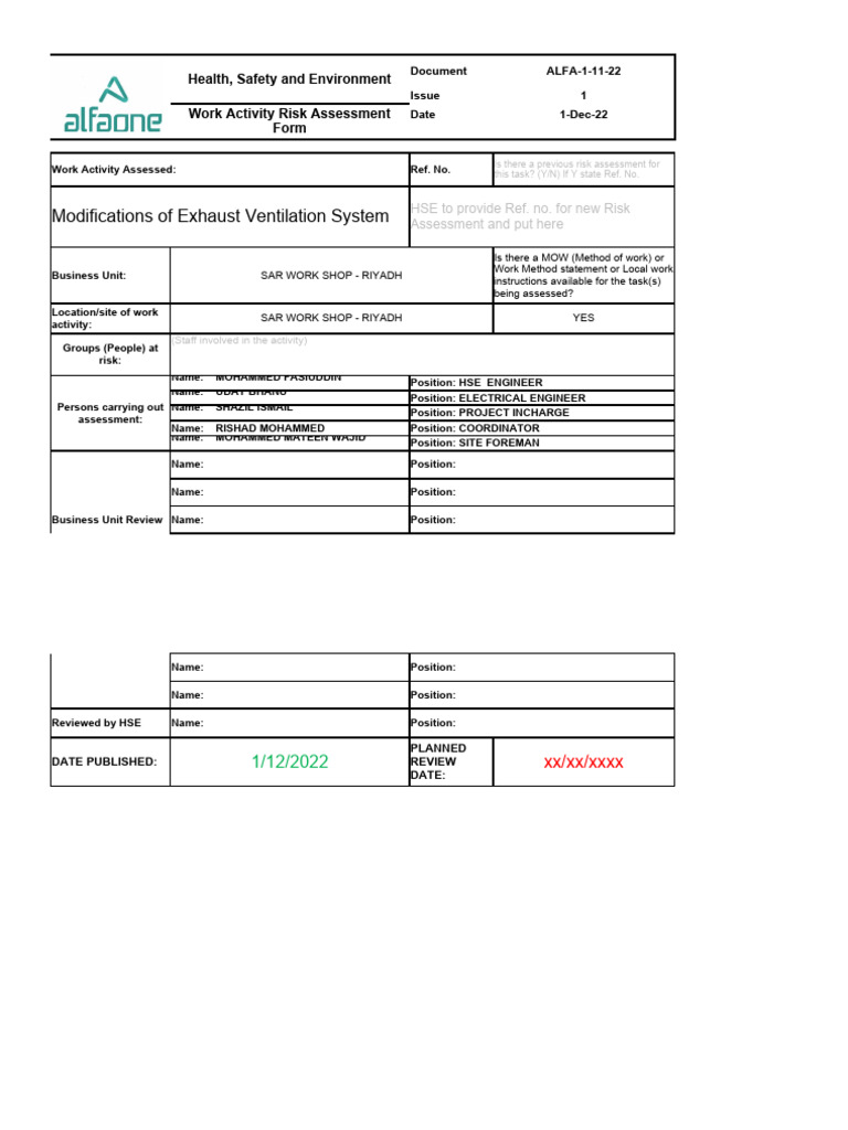 ALFA-1-11-22 - Risk Assessment - Hazards | PDF | Hazards | Risk