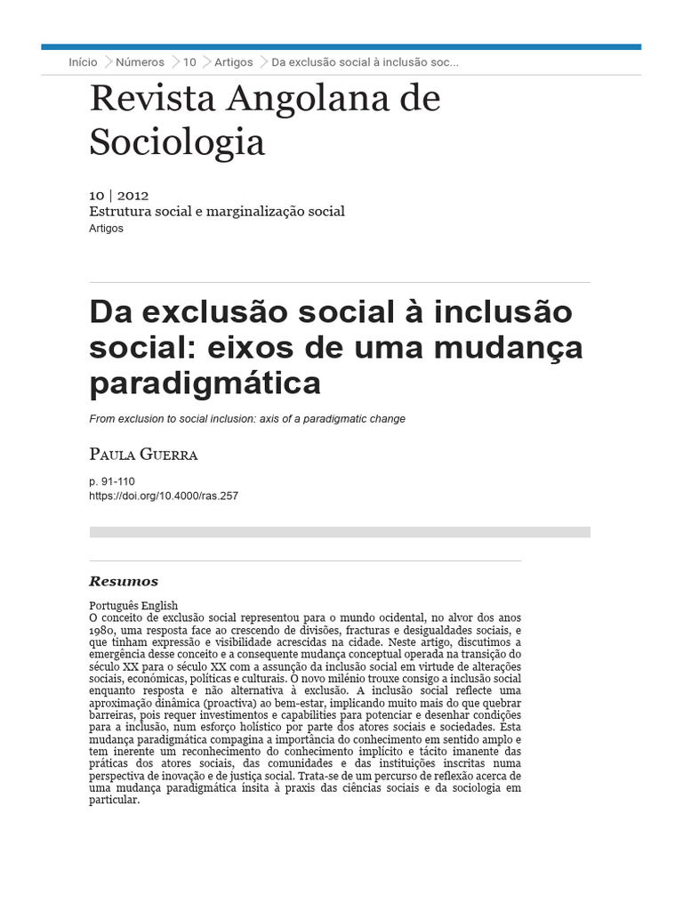 Da Exclusão Social À Inclusão Social - Eixos de Uma Mudança ...