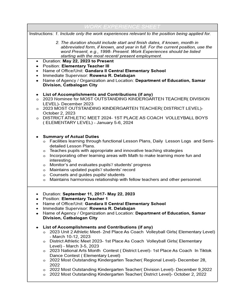 Franklin - WORK EXPERIENCE SHEET | PDF | Teachers | Lesson Plan