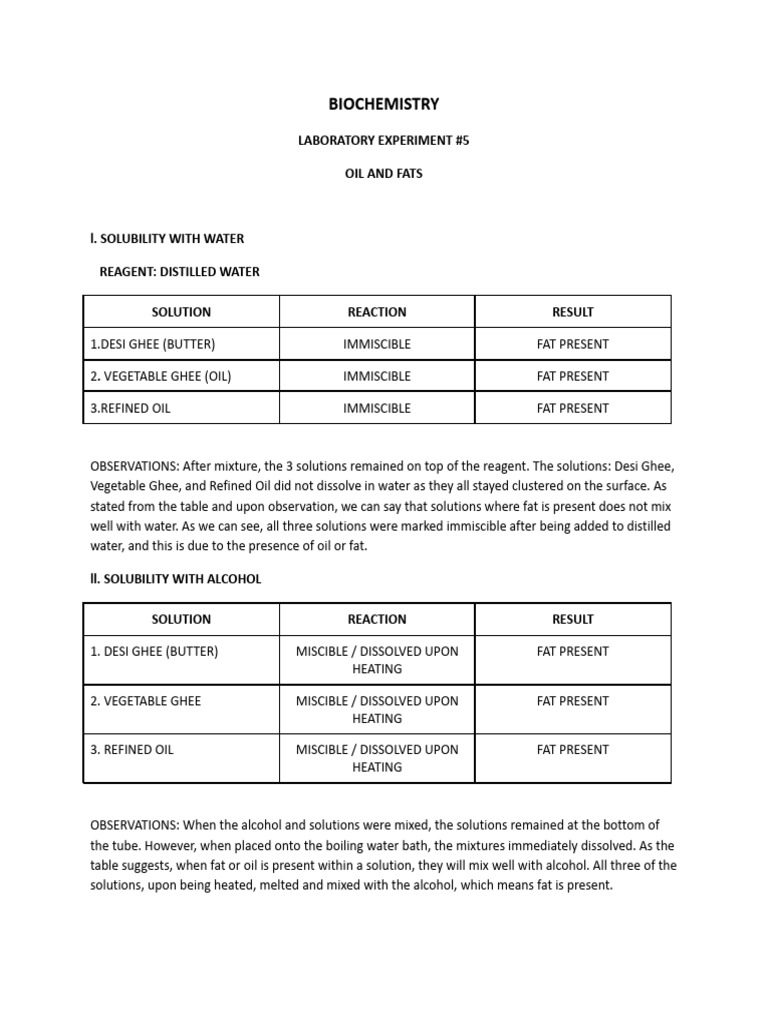 Lipid Solubility and Tests Results | PDF | Lipid | Oil