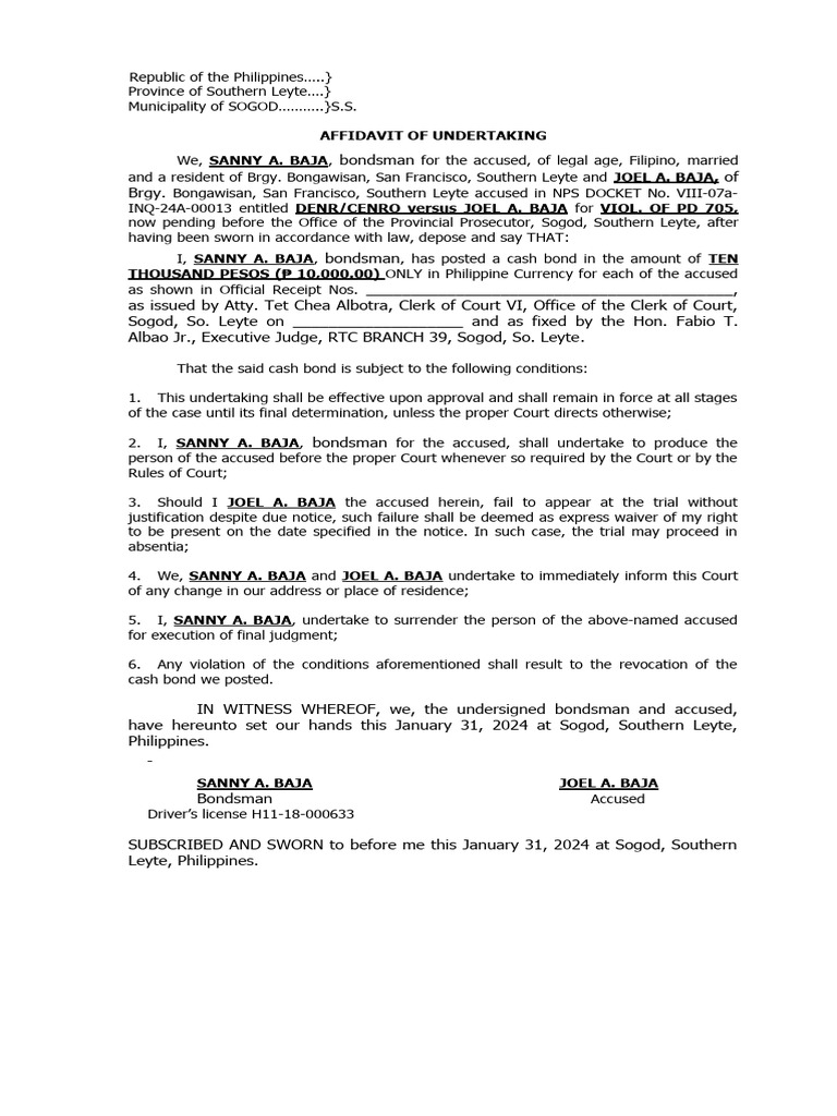 Affidavit of Undertaking - BAILBOND | PDF | Bail | Legal Procedure