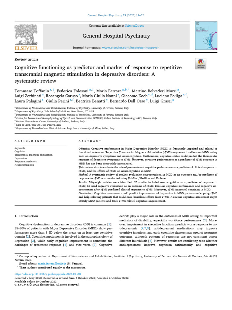 Cognitive Functioning As Predictor and Marker of Response To - 2022 - General Ho | PDF | Major ...
