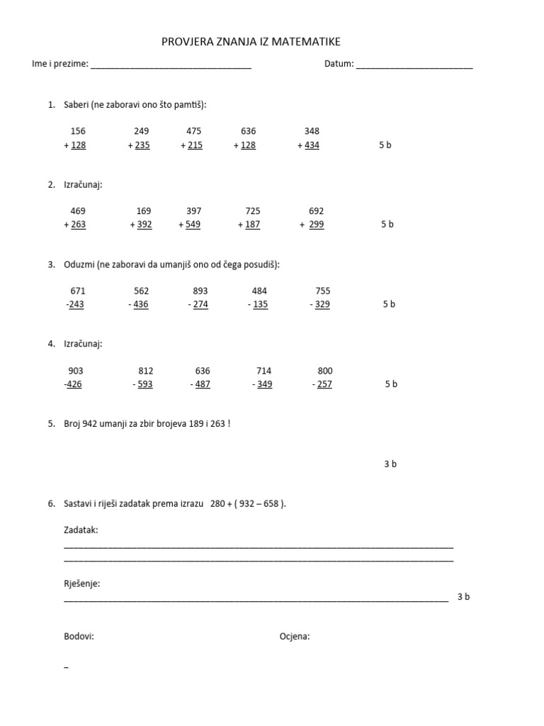 Kontrolni Iz Matematike Sabiranje I Oduzimanje Do 1000 | PDF