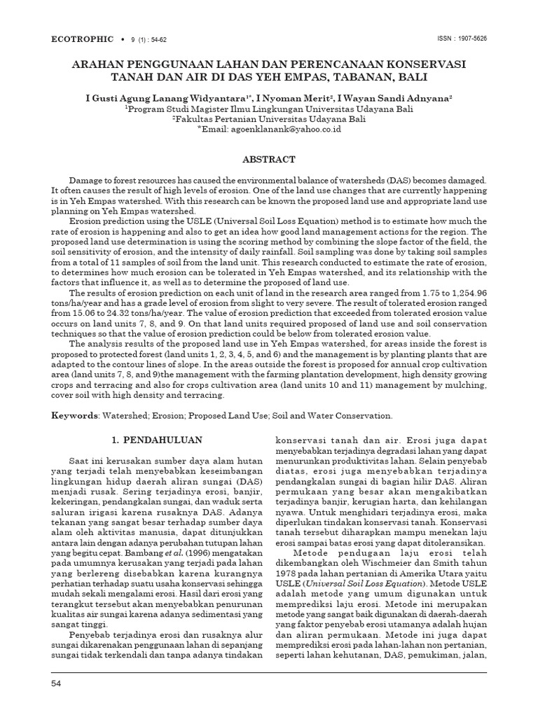 Arahan Penggunaan Lahan Dan Perencanaan Konservasi Tanah Dan Air Di Das Yeh Empas, Tabanan, Bali ...