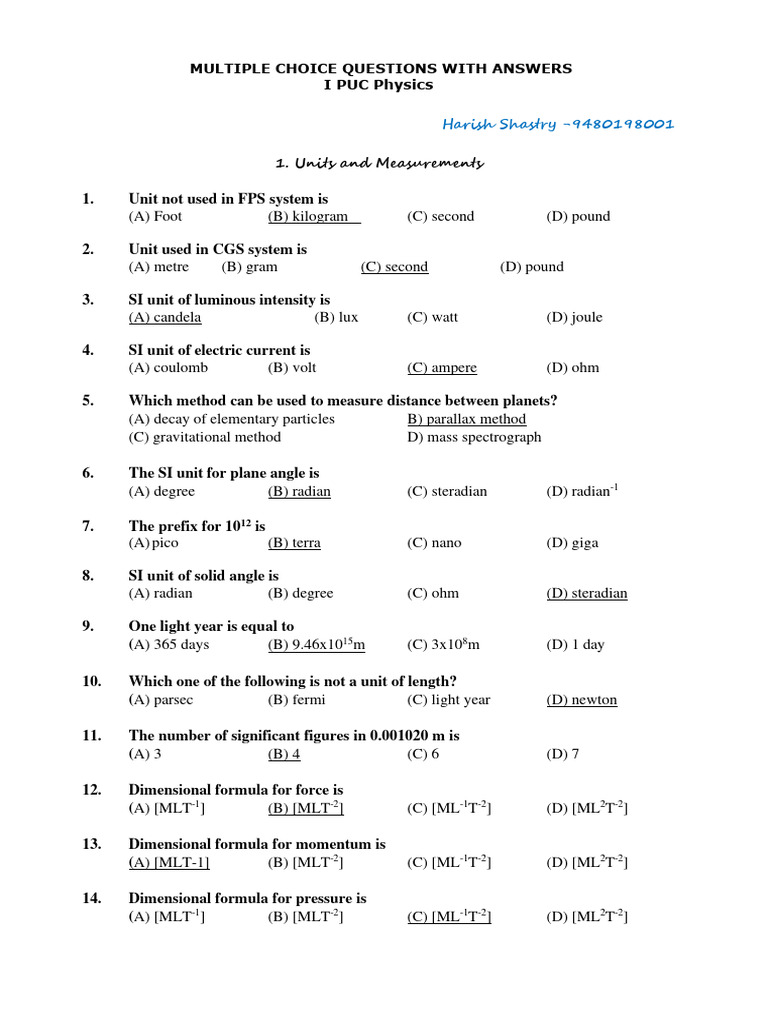 I PU MCQs Final | PDF | Rotation Around A Fixed Axis | Angular Momentum