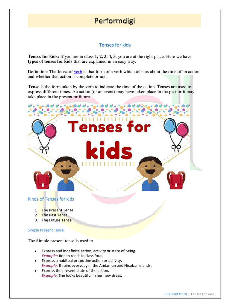Tenses For Kids | PDF | Grammatical Tense | Verb