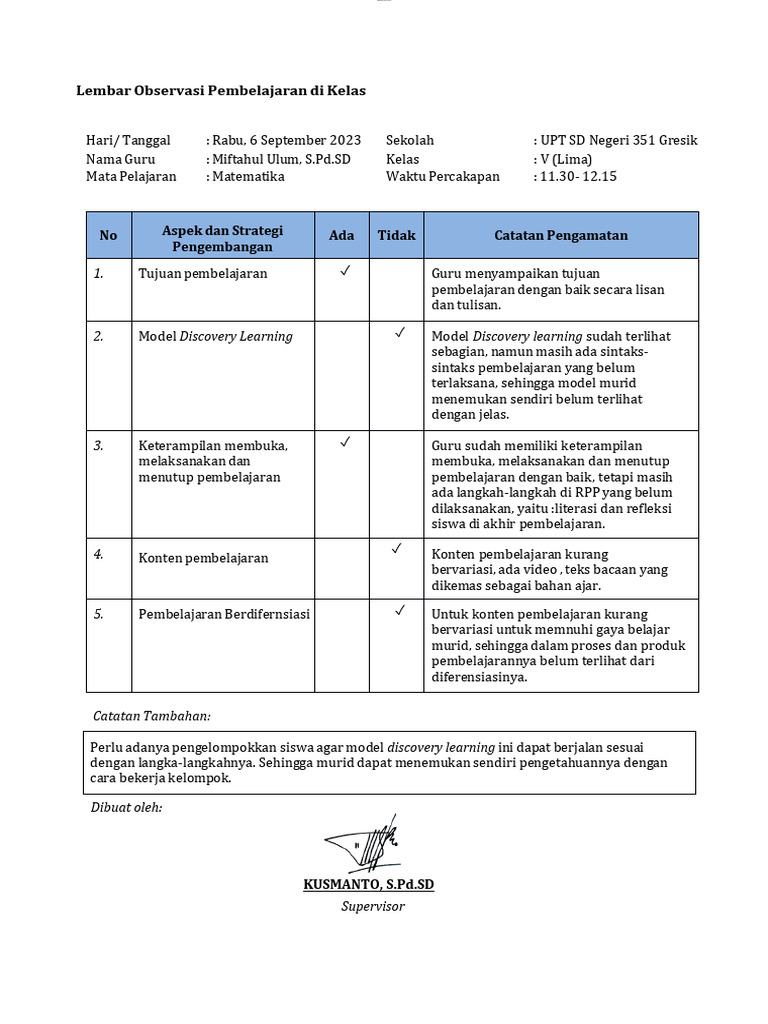 2 Lembar Observasi Pembelajaran Di Kelas | PDF