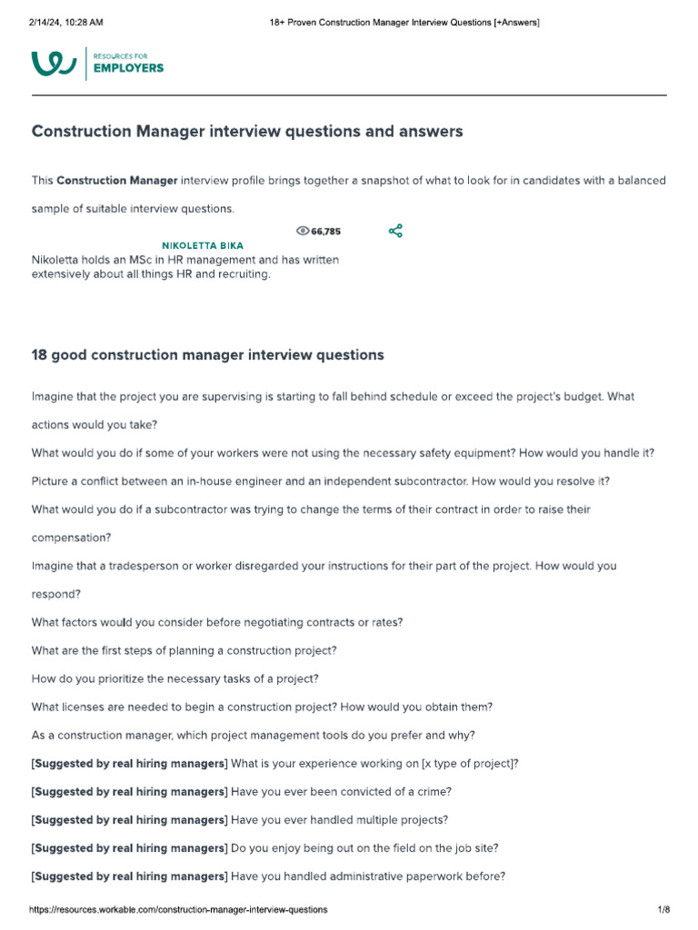 Construction Manager Interview Quiesions | PDF