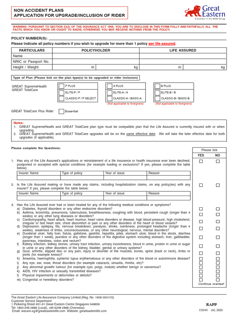 CS240 Non-Accident Plans - Appln For Upgrade or Inclusion of Rider ...