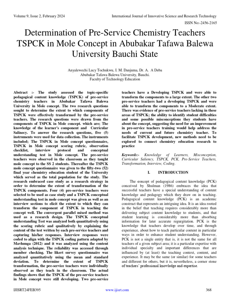 Determination of Pre-Service Chemistry Teachers TSPCK in Mole Concept in Abubakar Tafawa Balewa ...