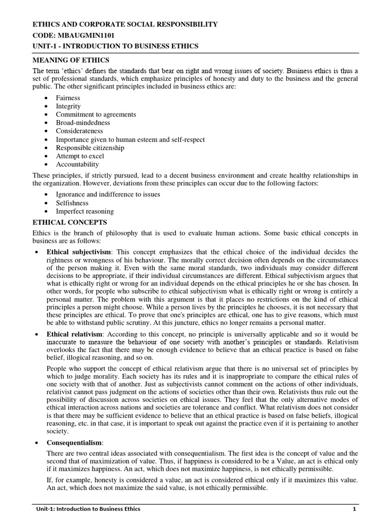Unit-1-Introduction To Business Ethics | PDF | Morality | Business Ethics