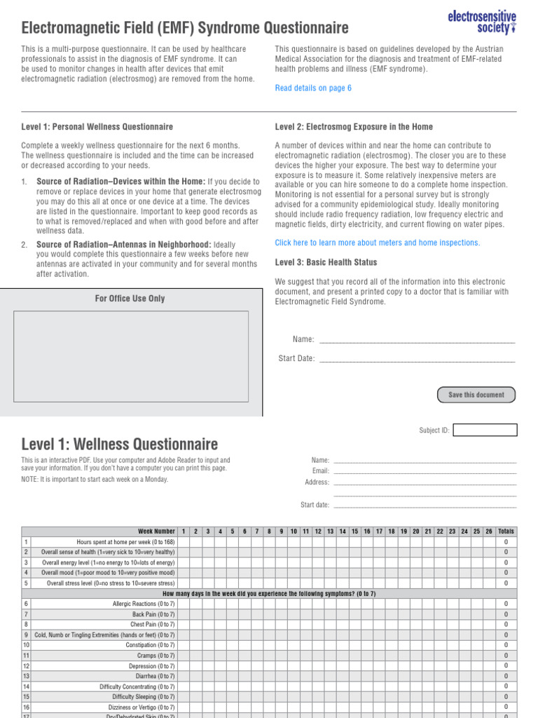 BSEM - TD5 - Handout SP - EMF Syndrome Questionnaire | PDF | Electromagnetic Field | Medical ...