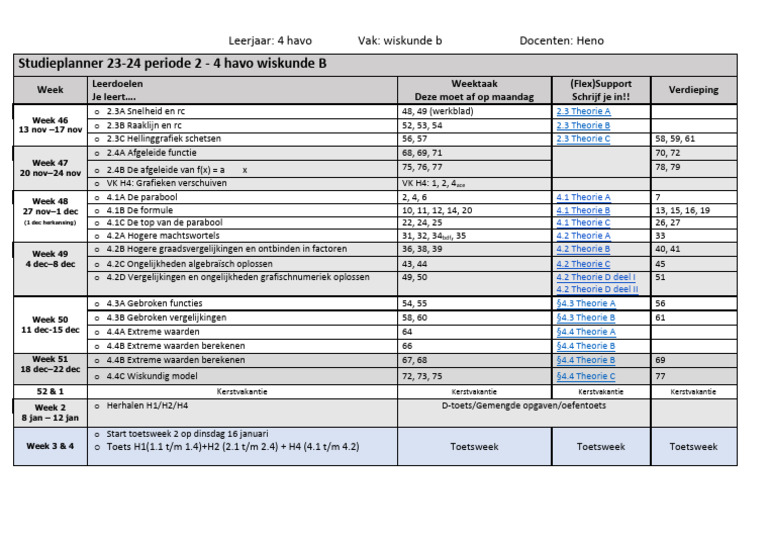 Studieplanner 23-24 Periode 2 - 4 Havo B - Versie Concept S | PDF
